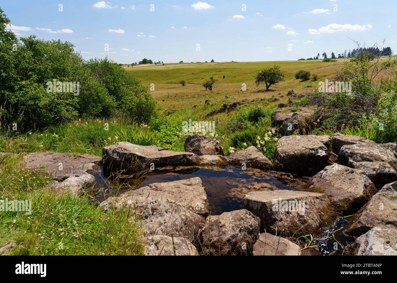 The waterfall at the Eisgraben in the Hohe Rhön nature reserve, Rhön ...