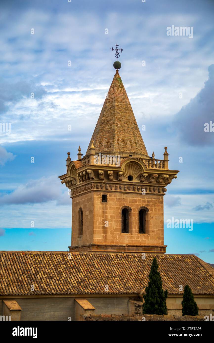 Vertical view of the tower of the Old Church of the Assumption of Yecla ...