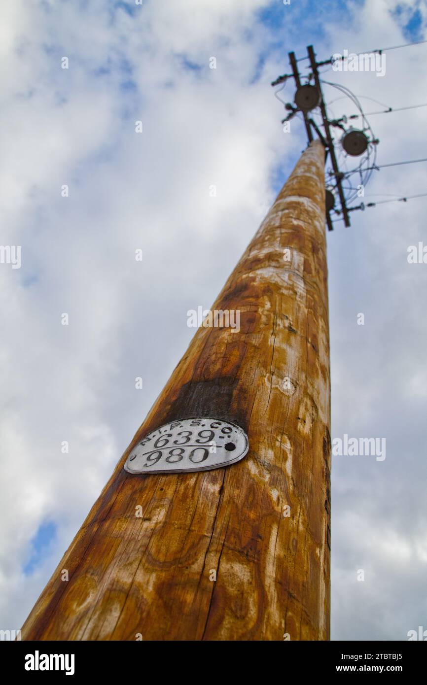 Upward Perspective of Weathered Utility Pole with Complex Wires against ...