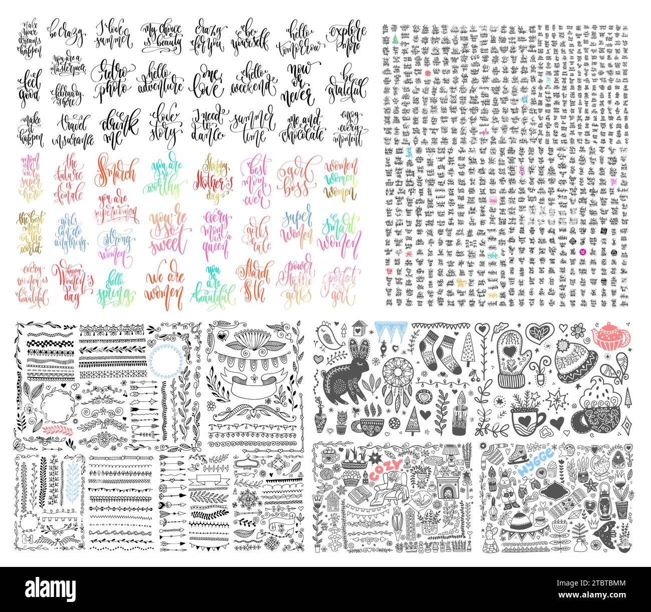 Sketch drawing cozy hygge scandinavian set and hand lettering ...