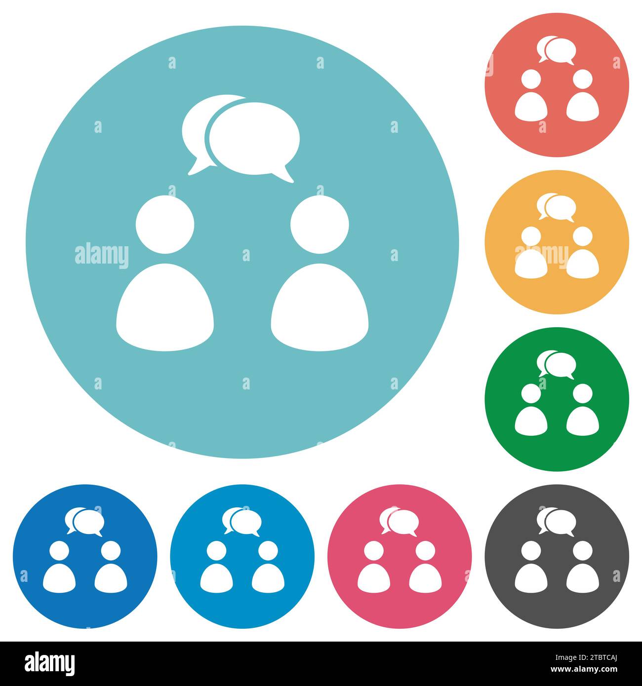 Two talking persons with oval bubbles solid flat white icons on round ...