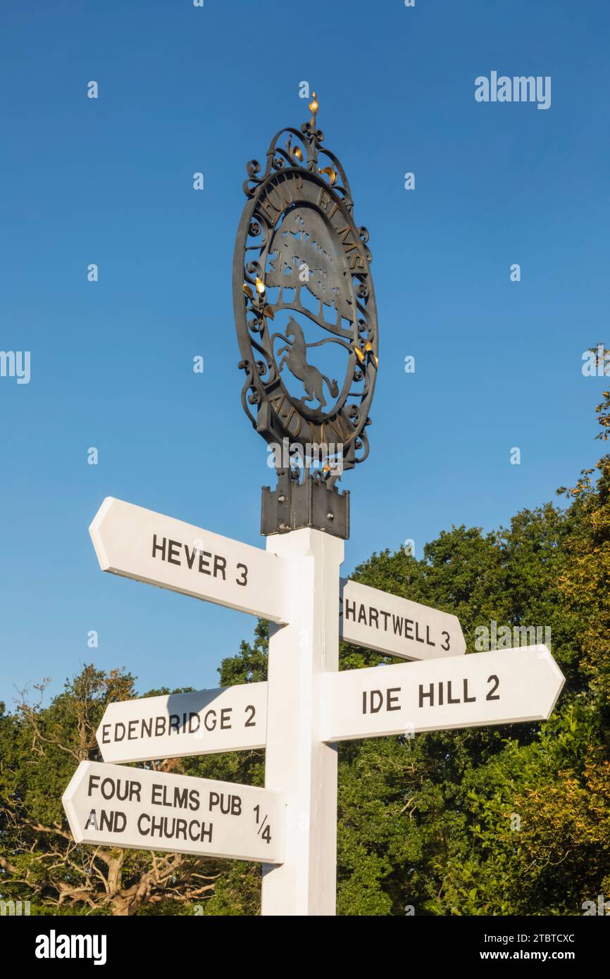 England, Kent, Four Elms Village, Road Signpost and Village Sign Stock ...
