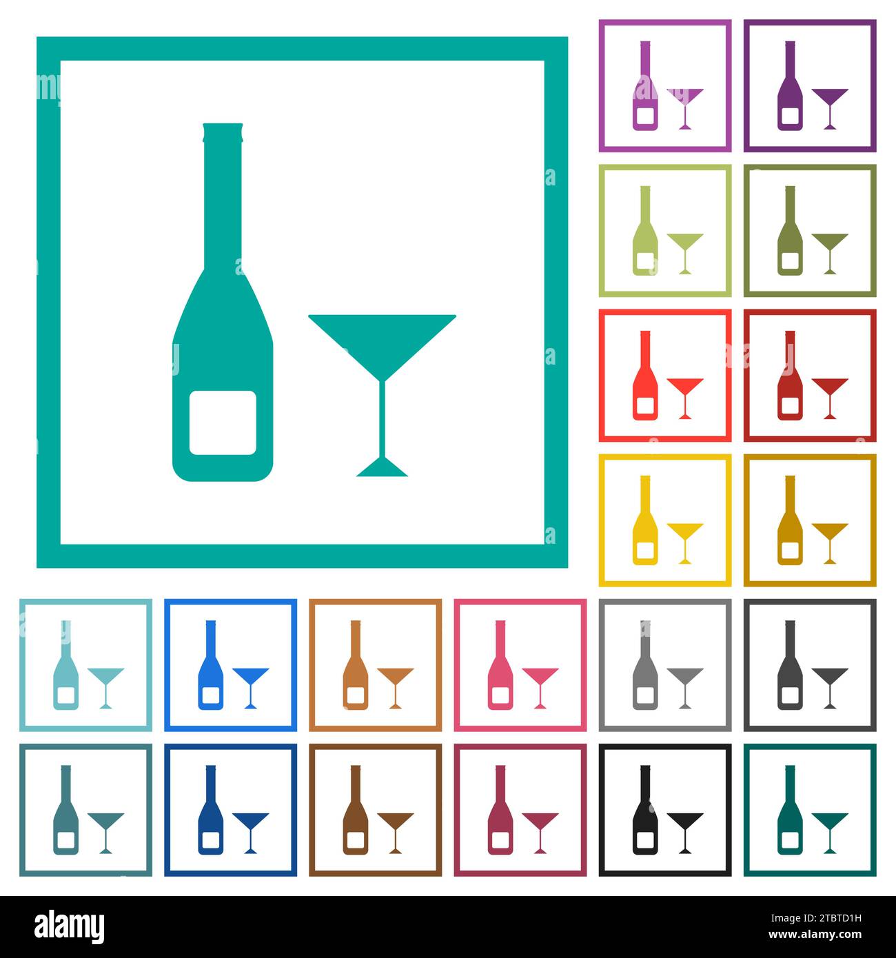 Wine bottle and glass flat color icons with quadrant frames on white ...