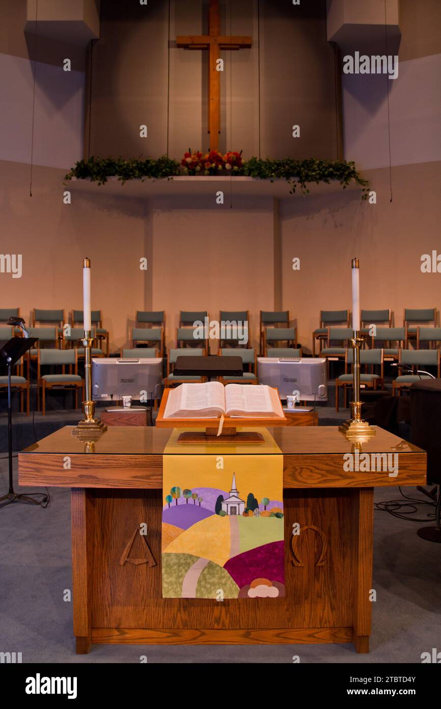 Spiritual Serenity: Pulpit View in Tranquil Church with Wooden Cross ...