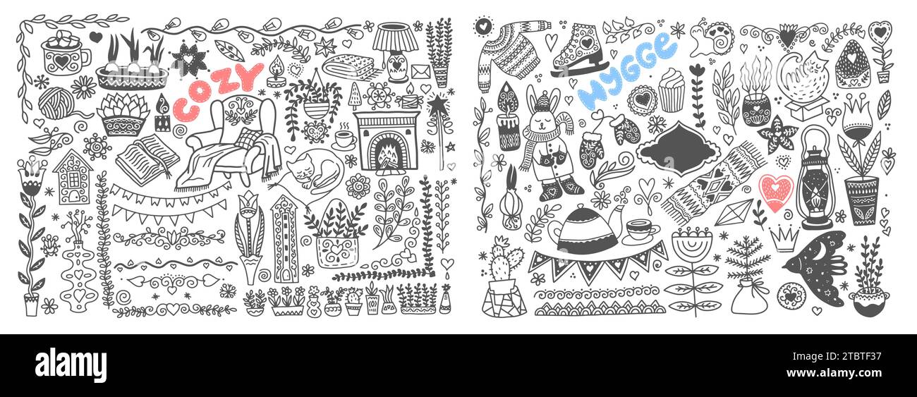 Sketch drawing cozy hygge scandinavian set, doodle vector collection ...