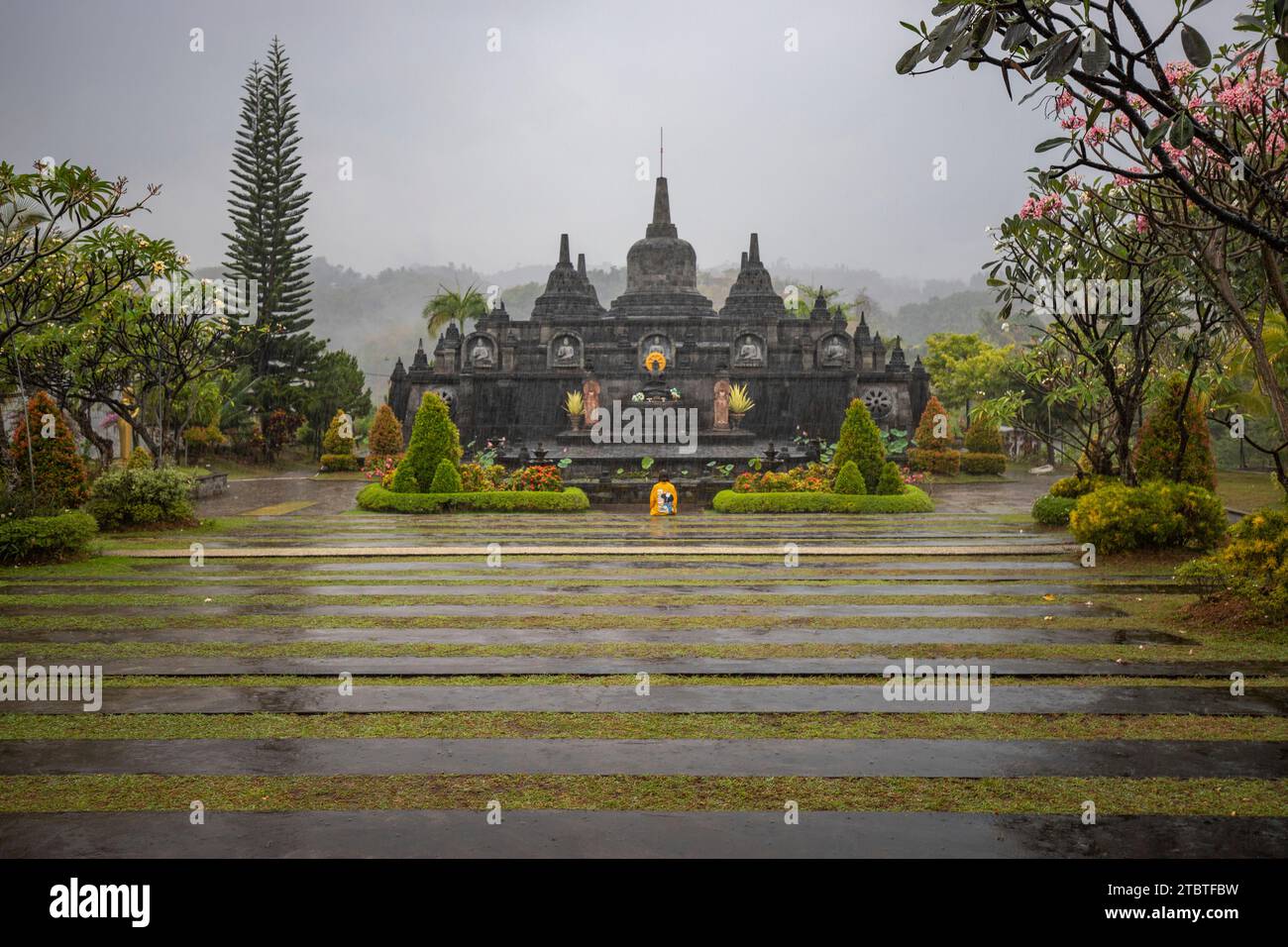 A Buddhist temple in the evening in the rain, the Brahmavihara-Arama ...