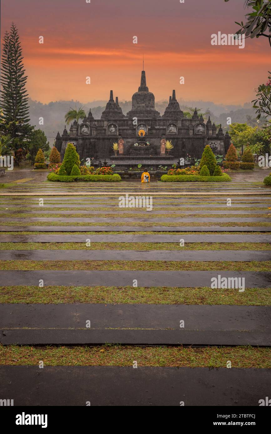 A Buddhist temple in the evening in the rain, the Brahmavihara-Arama ...