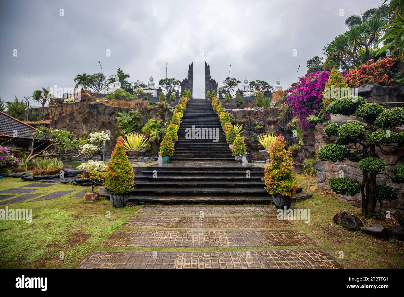 A Buddhist temple in the evening in the rain, the Brahmavihara-Arama ...