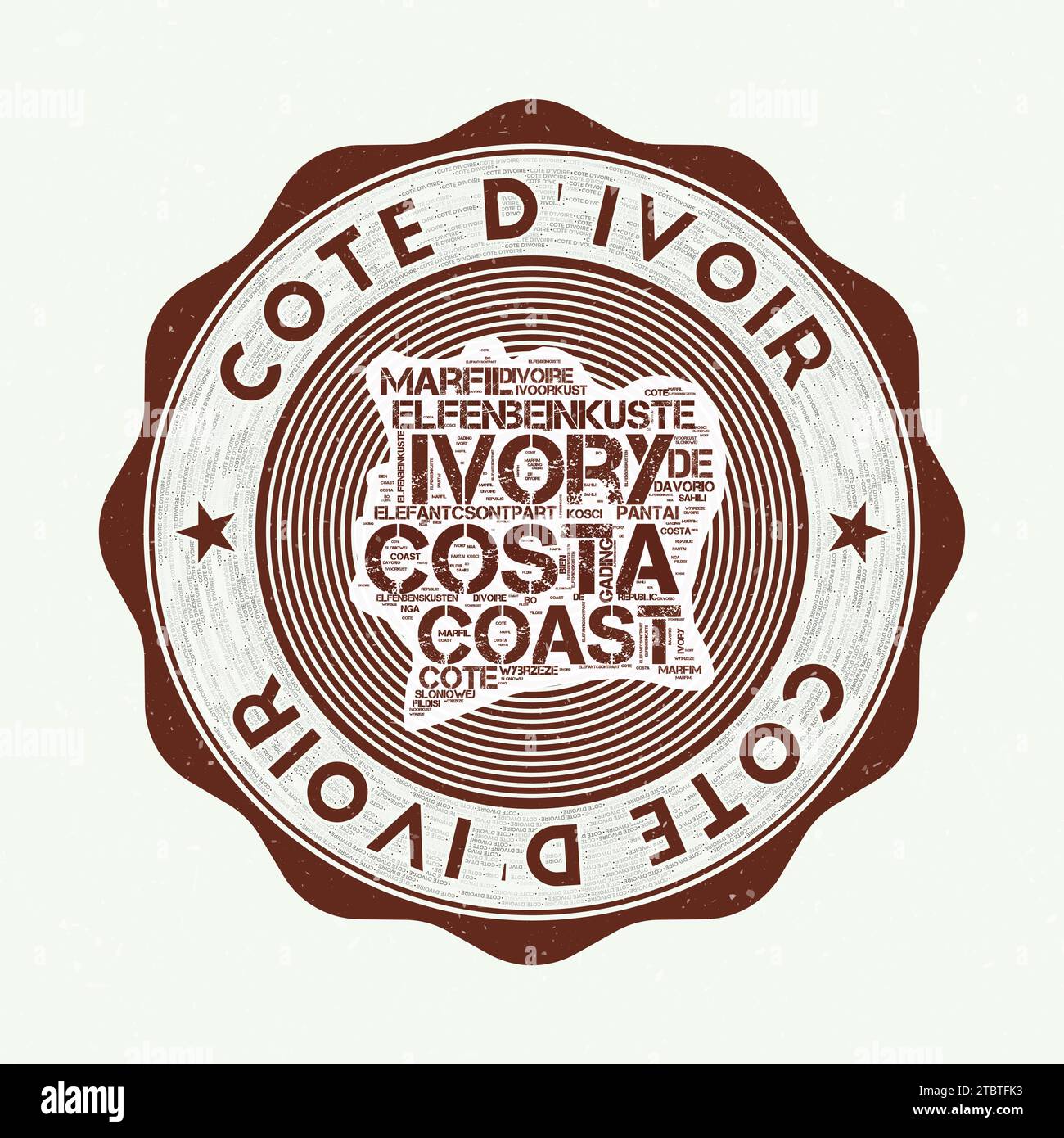 Ivory Coast seal. Country round logo with shape of Ivory Coast and ...