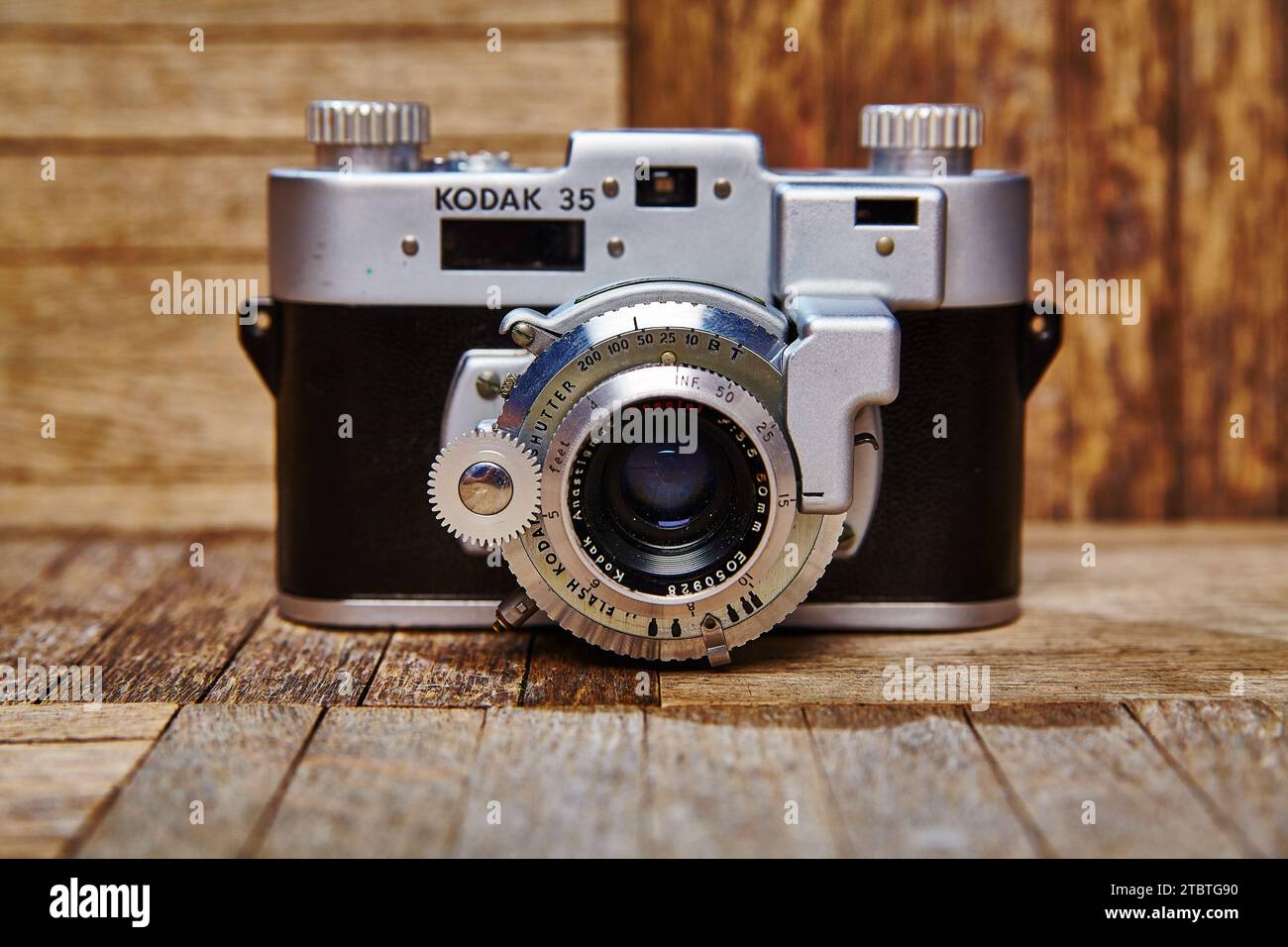 Vintage Kodak 35 Film Camera on Rustic Wooden Background, Eye-Level ...