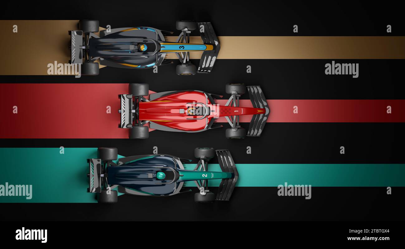 Formula one race cars on dark background without any branding - 3D ...