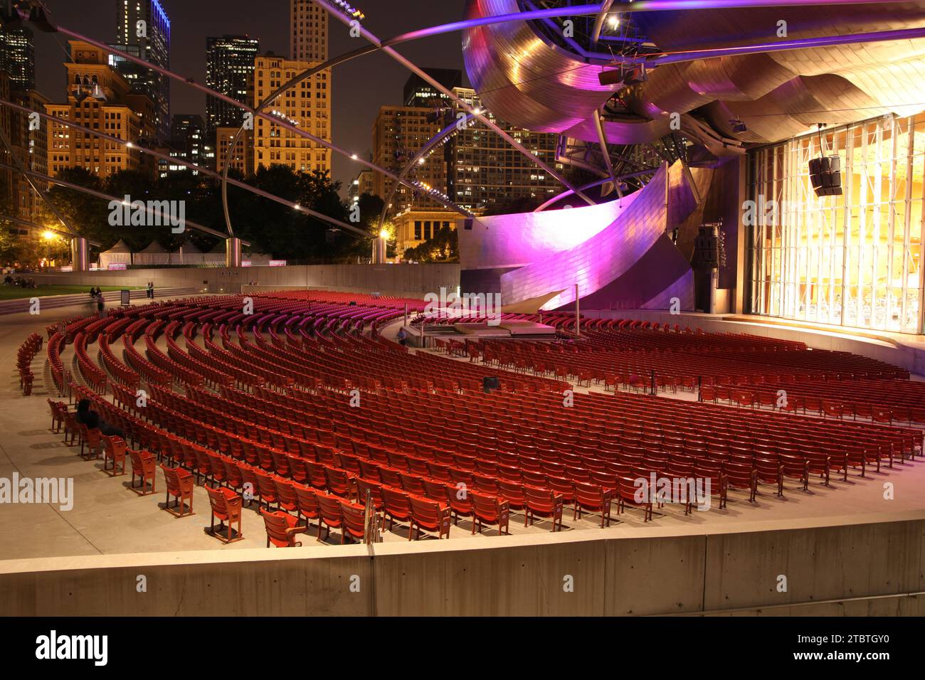 Jay Pritzker Pavilion Amphitheater and Cityscape Night View, Chicago ...