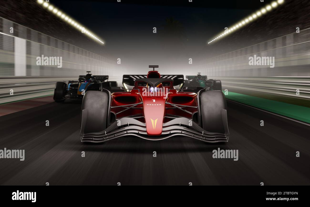 Formula one race car on night track without any branding - 3D rendering ...