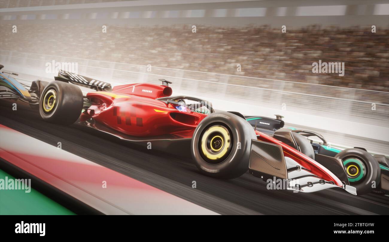 Formula one race car on night track without any branding - 3D rendering ...
