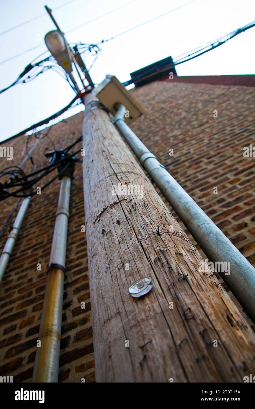 Urban Utility Pole Details Against Chicago Brick Building Backdrop ...