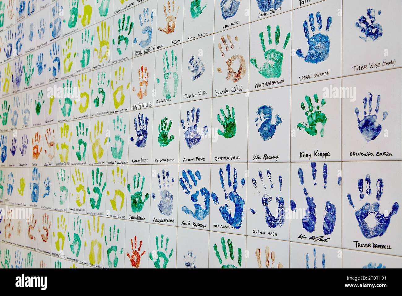 Colorful Community Handprint Art Display in Indoor Setting Stock Photo ...