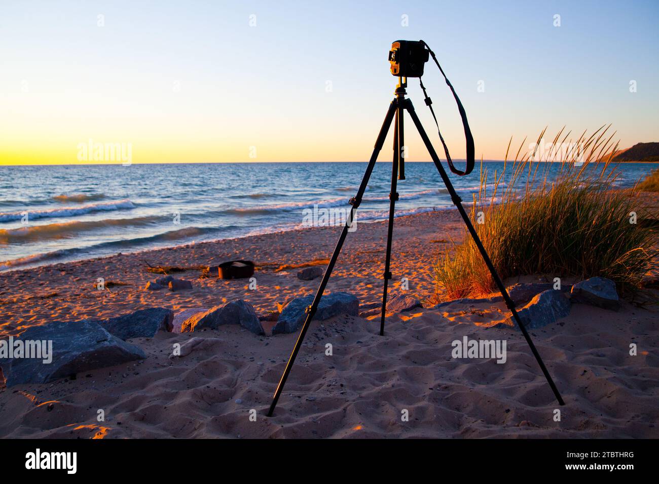 Golden Hour Beach Scene with Pro Camera on Tripod, Lake Michigan Low ...