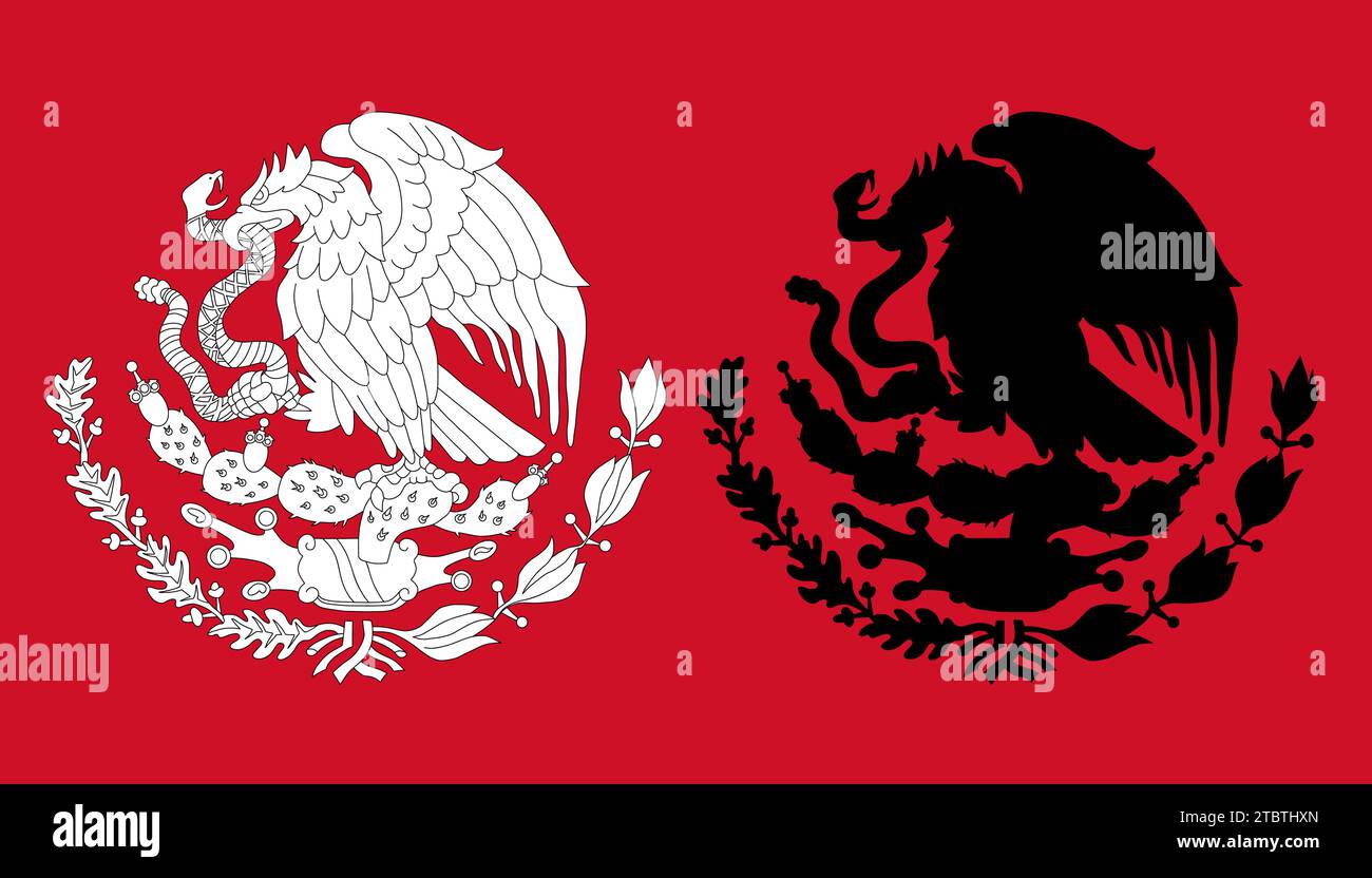 Symbol Mexico. Coat arms with eagle Black silhouette and outline coloring flag emblem. Vector ...