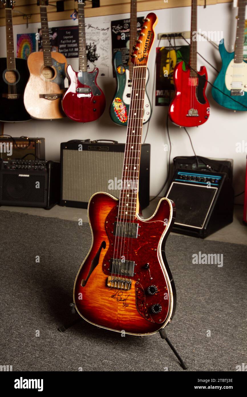 Sunburst Electric Guitar in Vibrant Music Store with Collection of ...