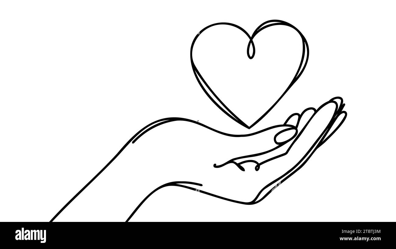 Continuous one line drawing arms holding heart. Charity donation linear ...