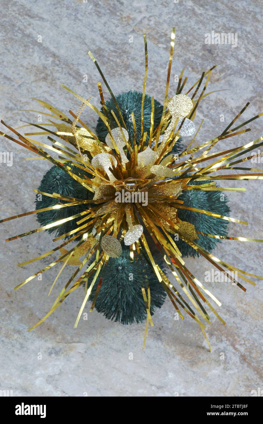 Christmas tree decoration top view shows four toy trees assembled in ...