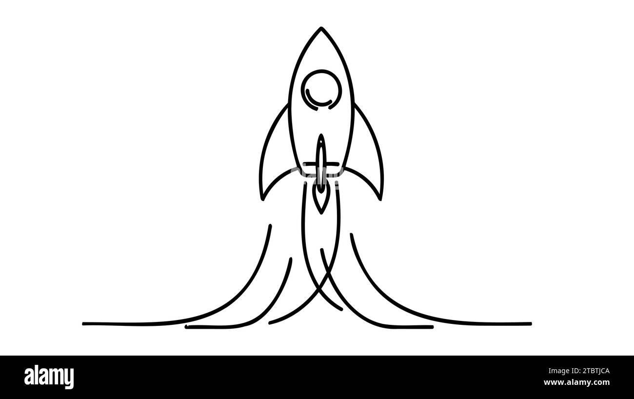 One continuous line drawing of simple retro spacecraft flying up to the ...