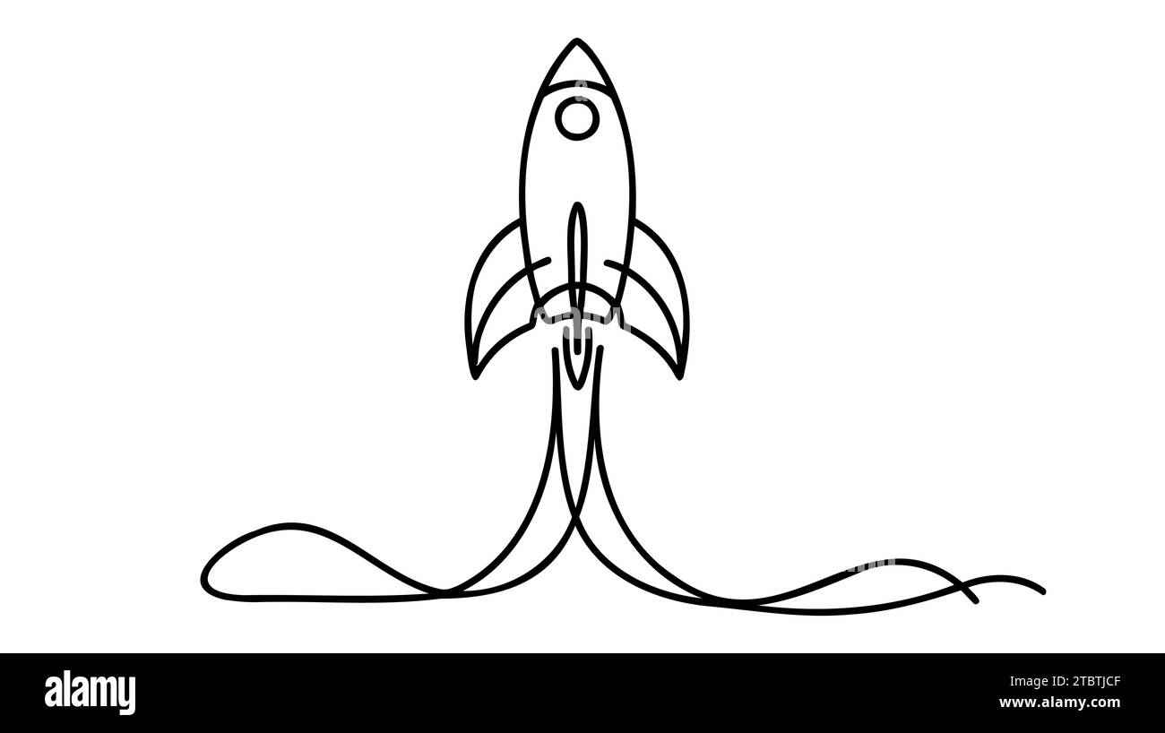 One continuous line drawing of simple retro spacecraft flying up to the ...