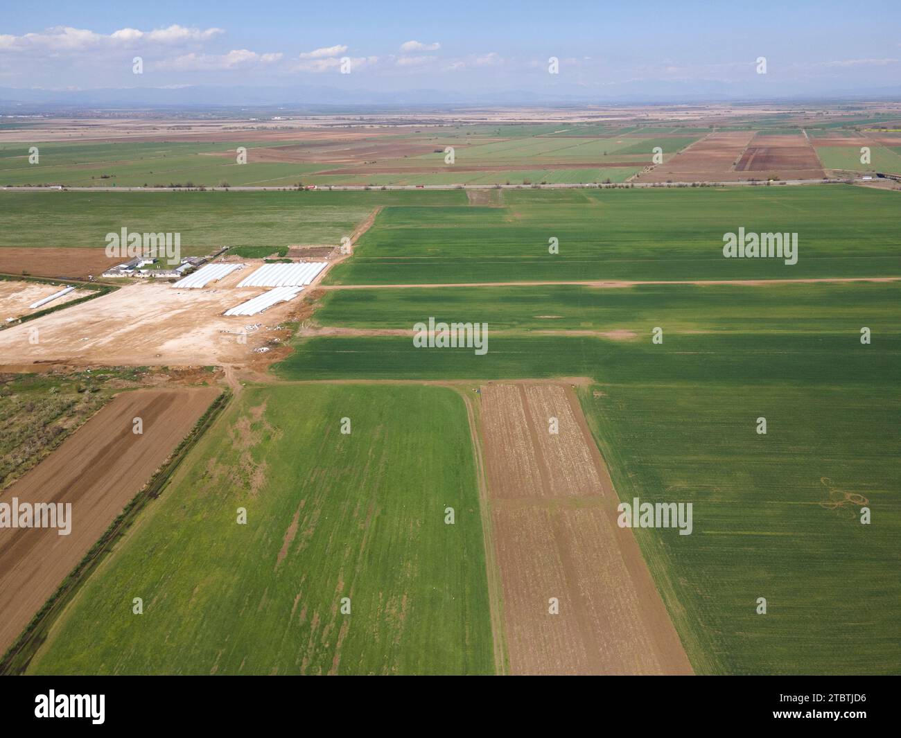 Aerial view of Upper Thracian Plain near village of Tsalapitsa, Plovdiv ...