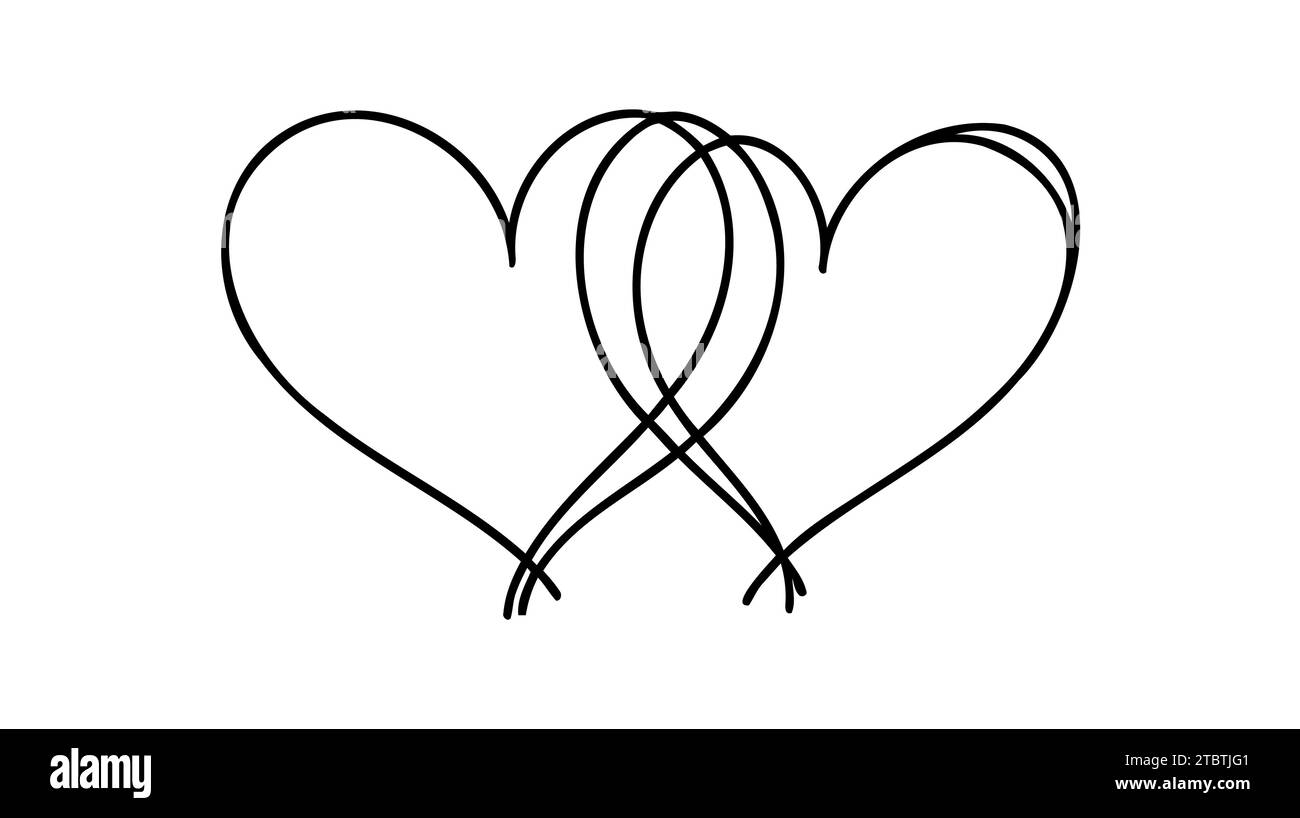 One Continuous line drawing of two hearts with love signs. Thin curls ...