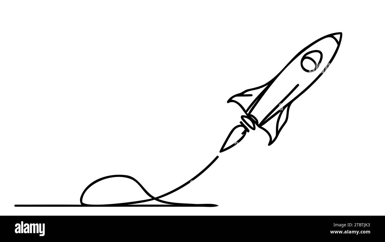 One continuous line drawing of simple retro spacecraft flying up to the ...