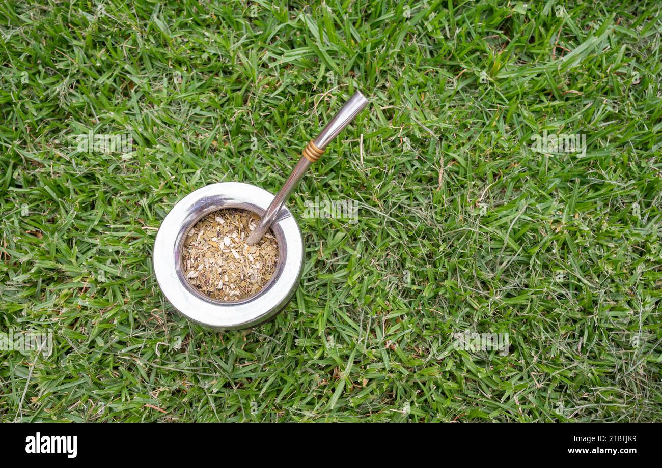 mate filled with yerba mate, next to a red thermos Stock Photo - Alamy