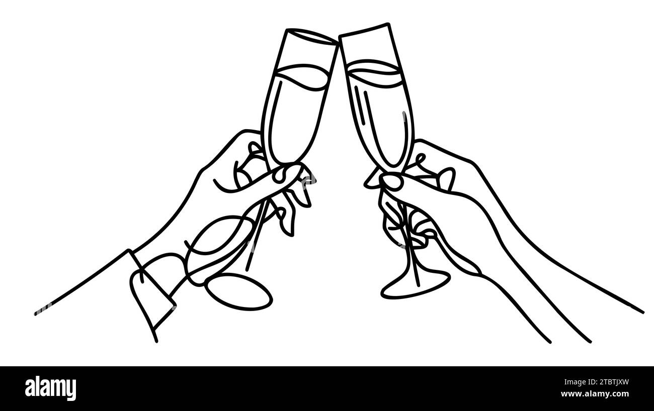 Continuous line champagne cheers. Hands toasting with wine glasses with ...