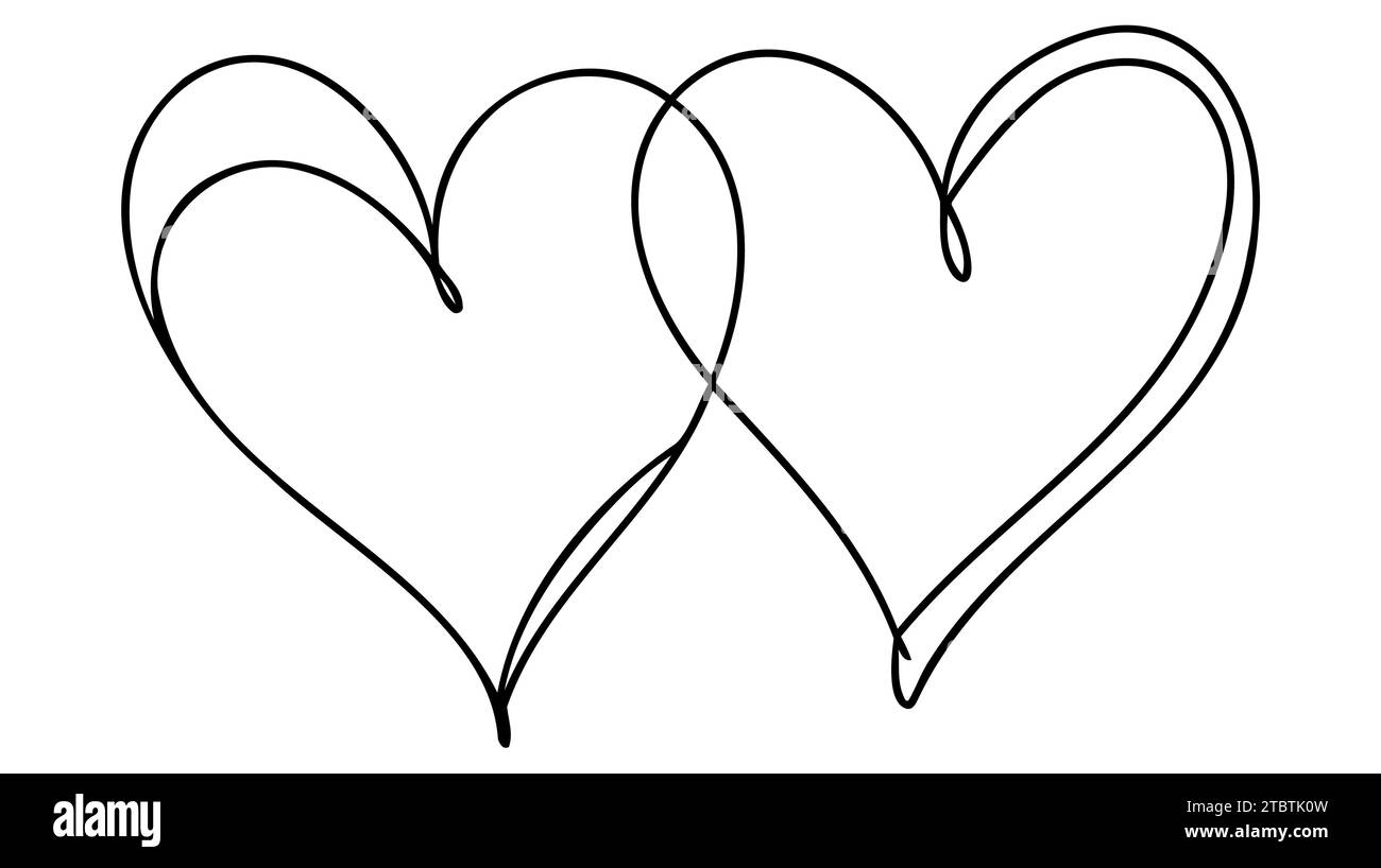 One Continuous line drawing of two hearts with love signs. Thin curls ...