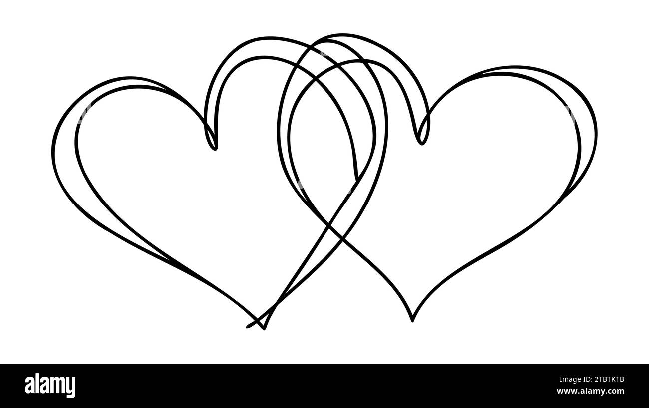 One Continuous line drawing of two hearts with love signs. Thin curls ...