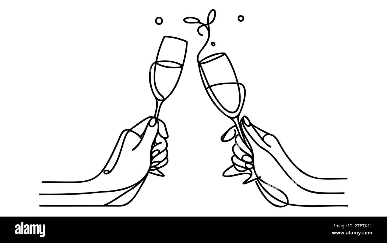 Continuous line champagne cheers. Hands toasting with wine glasses with ...