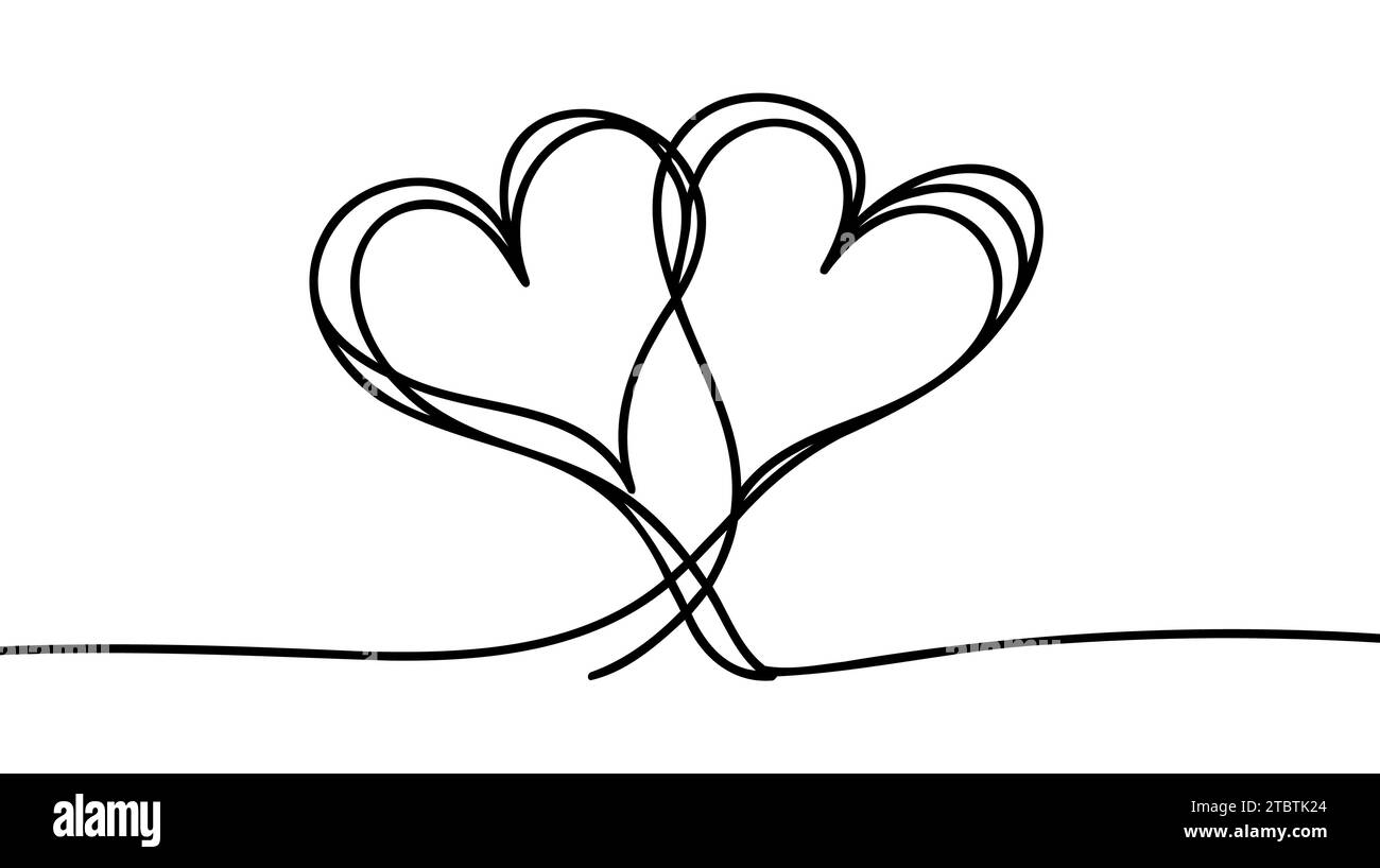 One Continuous line drawing of two hearts with love signs. Thin curls ...