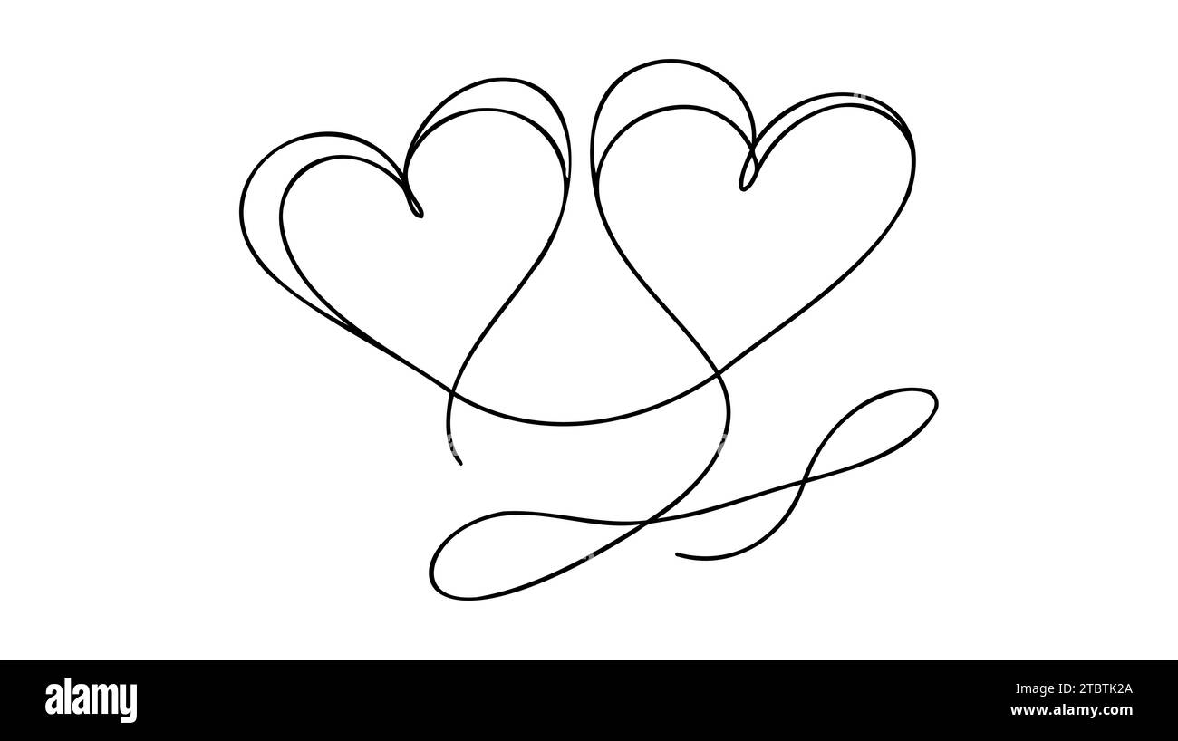 One Continuous line drawing of two hearts with love signs. Thin curls ...