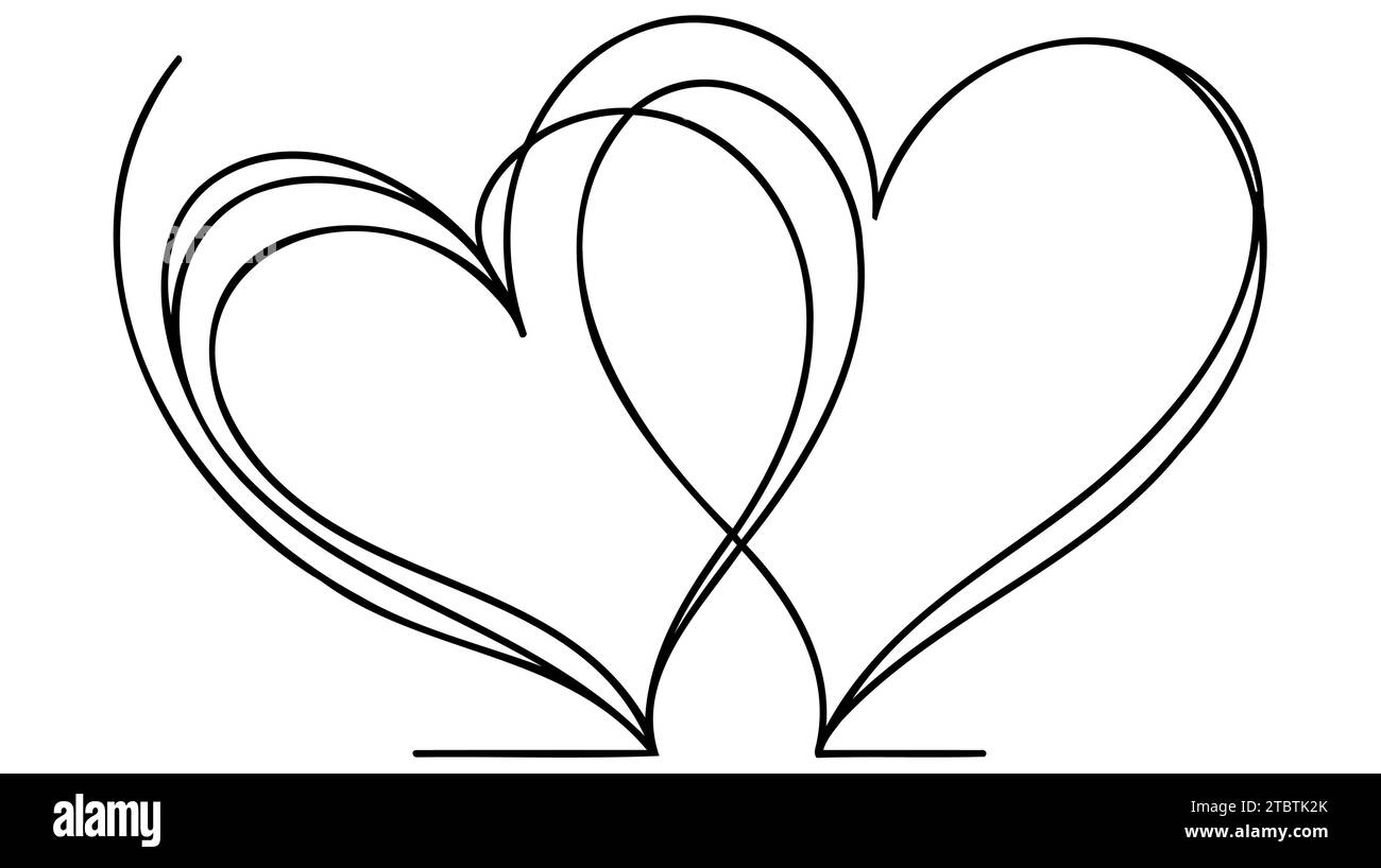 One Continuous line drawing of two hearts with love signs. Thin curls ...