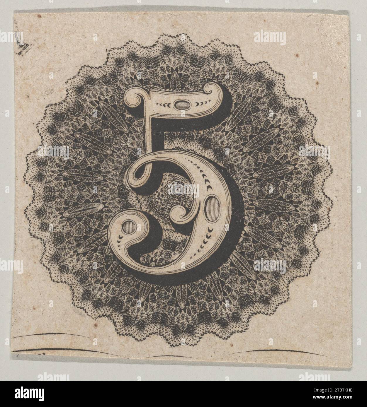 Banknote motif: number 5 against a circular panel of lace-like lathe ...