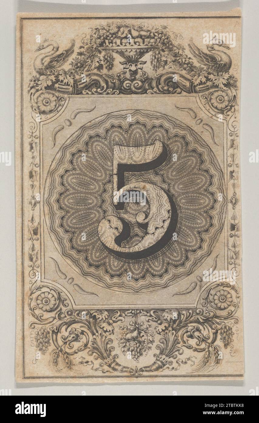 Banknote motif: the number 5 set against a scallop-edged circle of ...