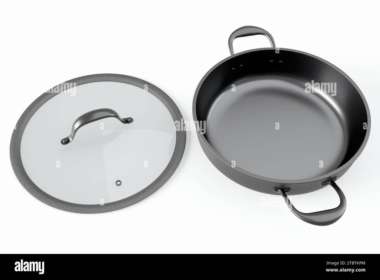 Stainless steel frying pan with glass lid and chrome cookware on white ...