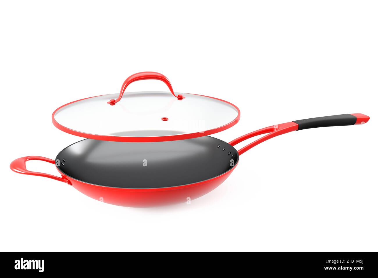 Stainless steel red frying pan with glass lid and chrome cookware on ...
