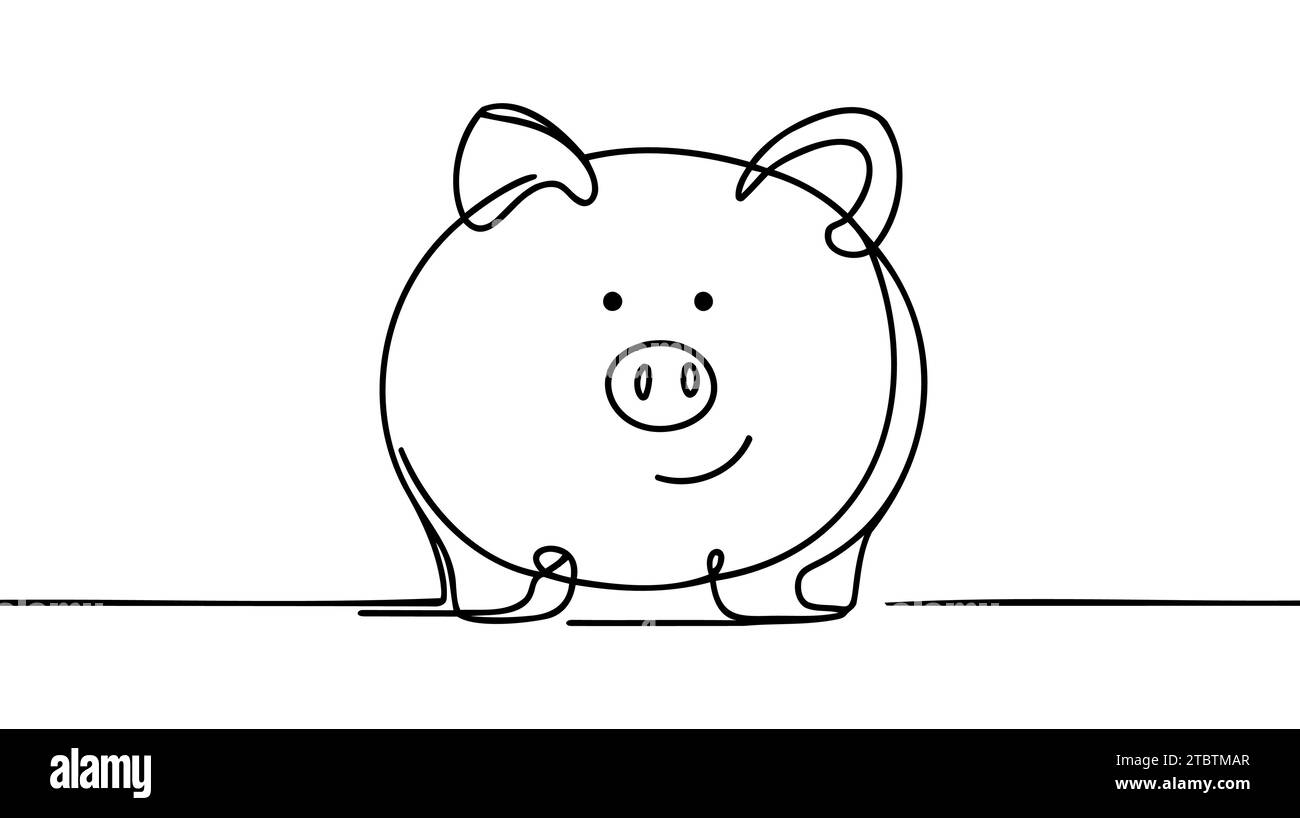Piggy bank in continuous line art drawing style. Pig moneybox black ...