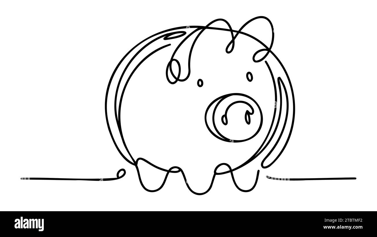 Piggy bank in continuous line art drawing style. Pig moneybox black ...