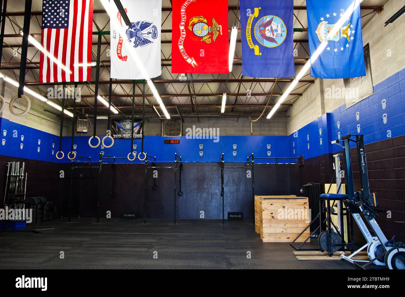 Patriotic Themed Gym with Military Banners in Midwest Stock Photo - Alamy