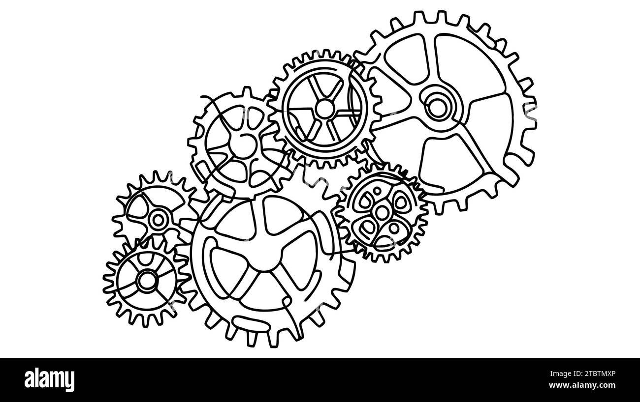 Gears wheel symbol technology, continuous one line drawing. Moving cog ...