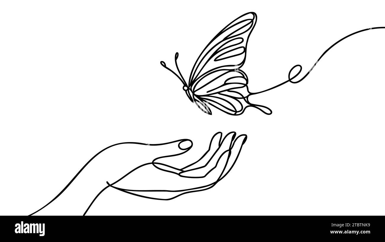 Butterfly flies by hand one line drawing on white isolated background ...