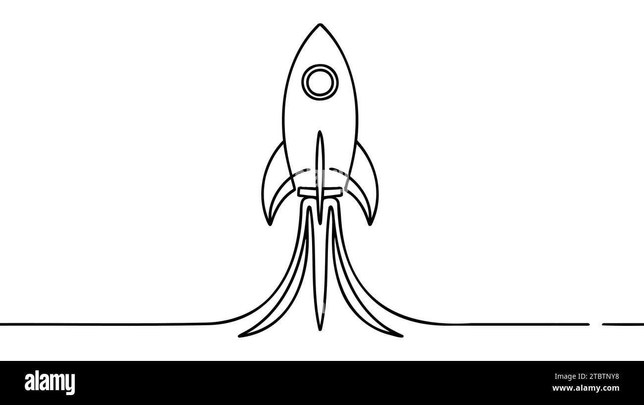 One continuous line drawing of simple retro spacecraft flying up to the ...