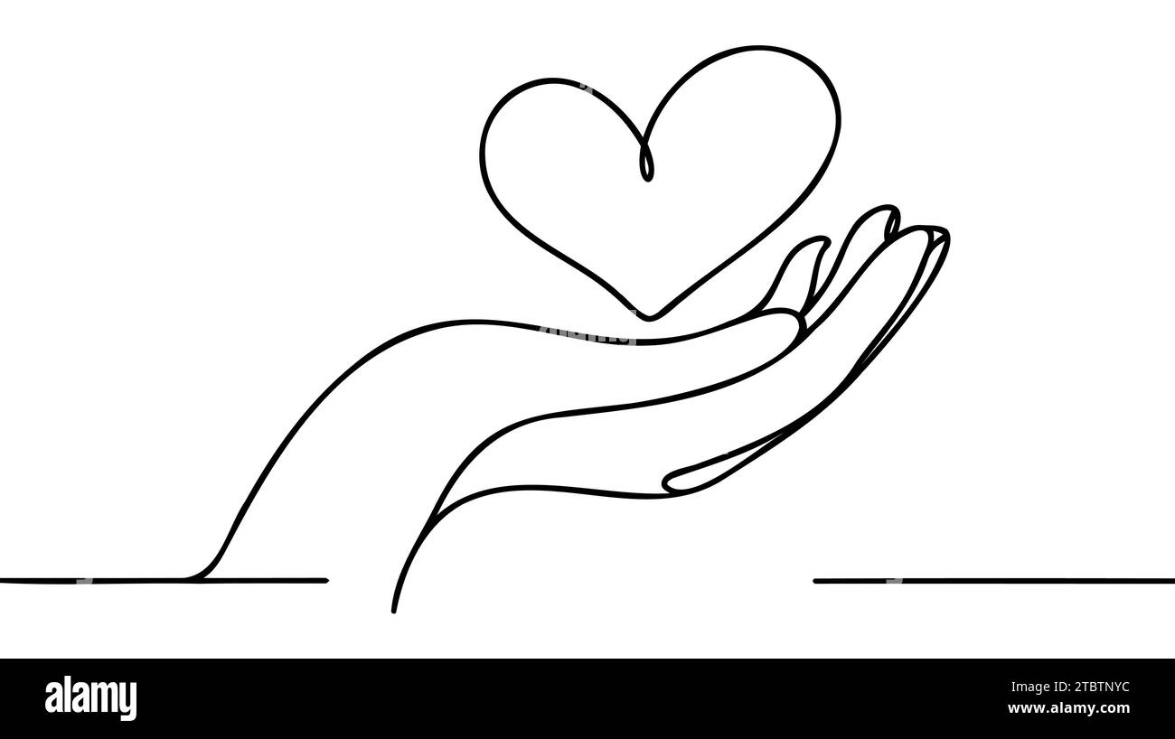 Continuous one line drawing arms holding heart. Charity donation linear ...