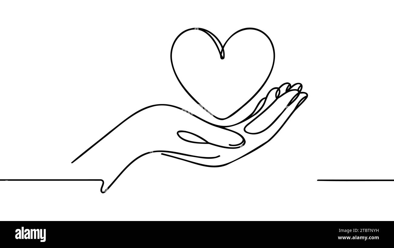 Continuous one line drawing arms holding heart. Charity donation linear ...